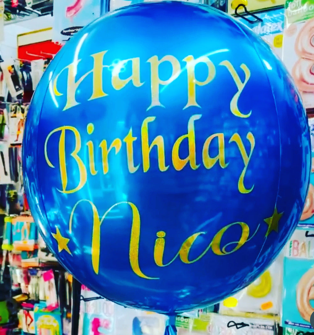 Personalised blue Orbz Balloon with gold text – London Balloon Shop