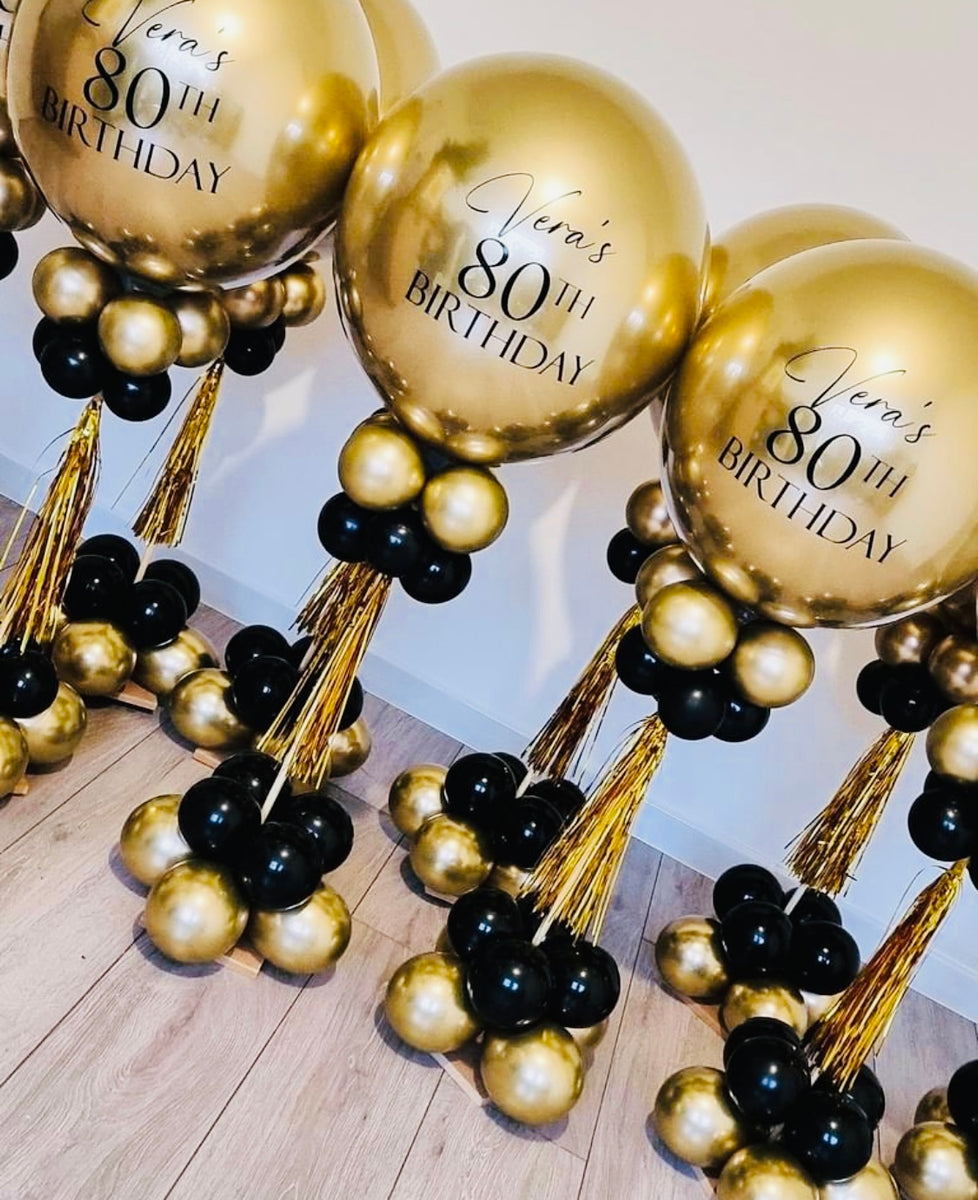 Personalised Black and Gold Balloons Stacks – London Balloon Shop